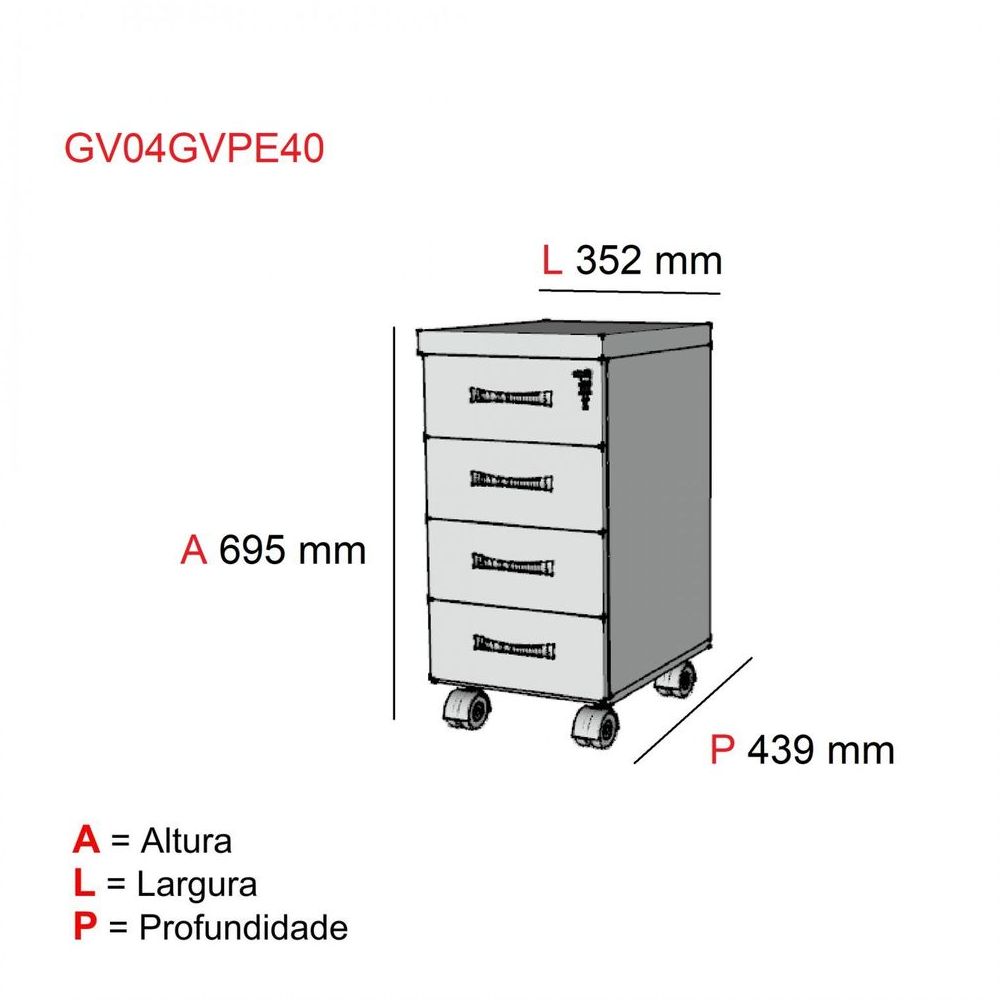 Gaveteiro Para Escritório 4 Gavetas Com Rodízios Pe40 Pandin Móveis ...