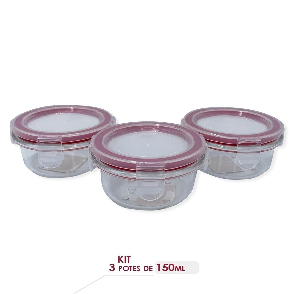 Conjunto 3 Potes De Vidro Com Tampa Hermética Redondo150ml - WebContinental