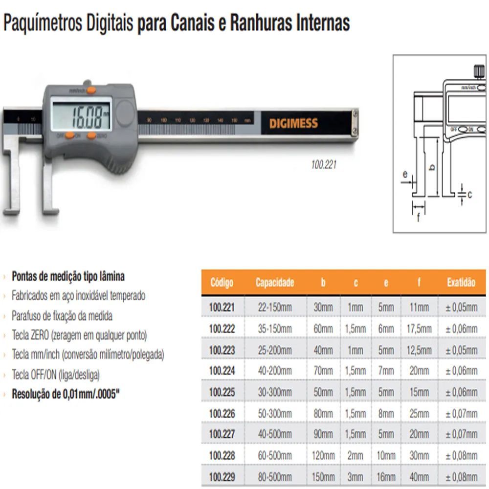 Paquímetro Digital Canal Interno - Cap. 40 - 500mm (90mm) - Digimess ...