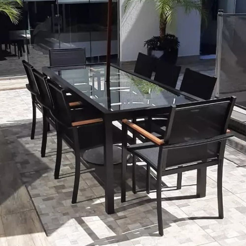 Mesa Retangular De Vidro Com 8 Cadeiras + Guarda Sol - WebContinental