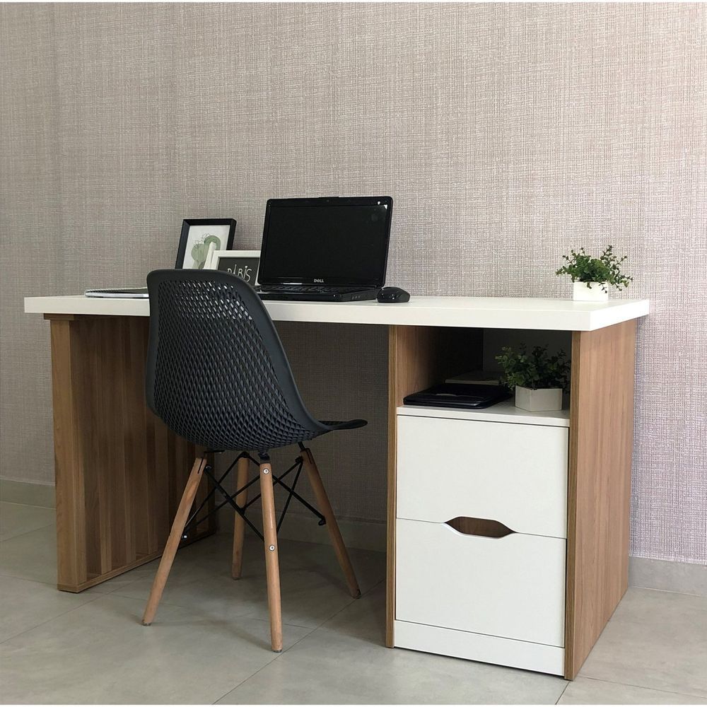 Escrivaninha 140cm Pés Ripado 2 Gavetas E Um Nicho Florence Olmo/branco ...