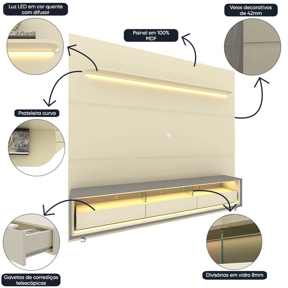 Rack Com Painel Para Tv Até 85 Polegadas Led 3 Gavetas Com Rodízios ...