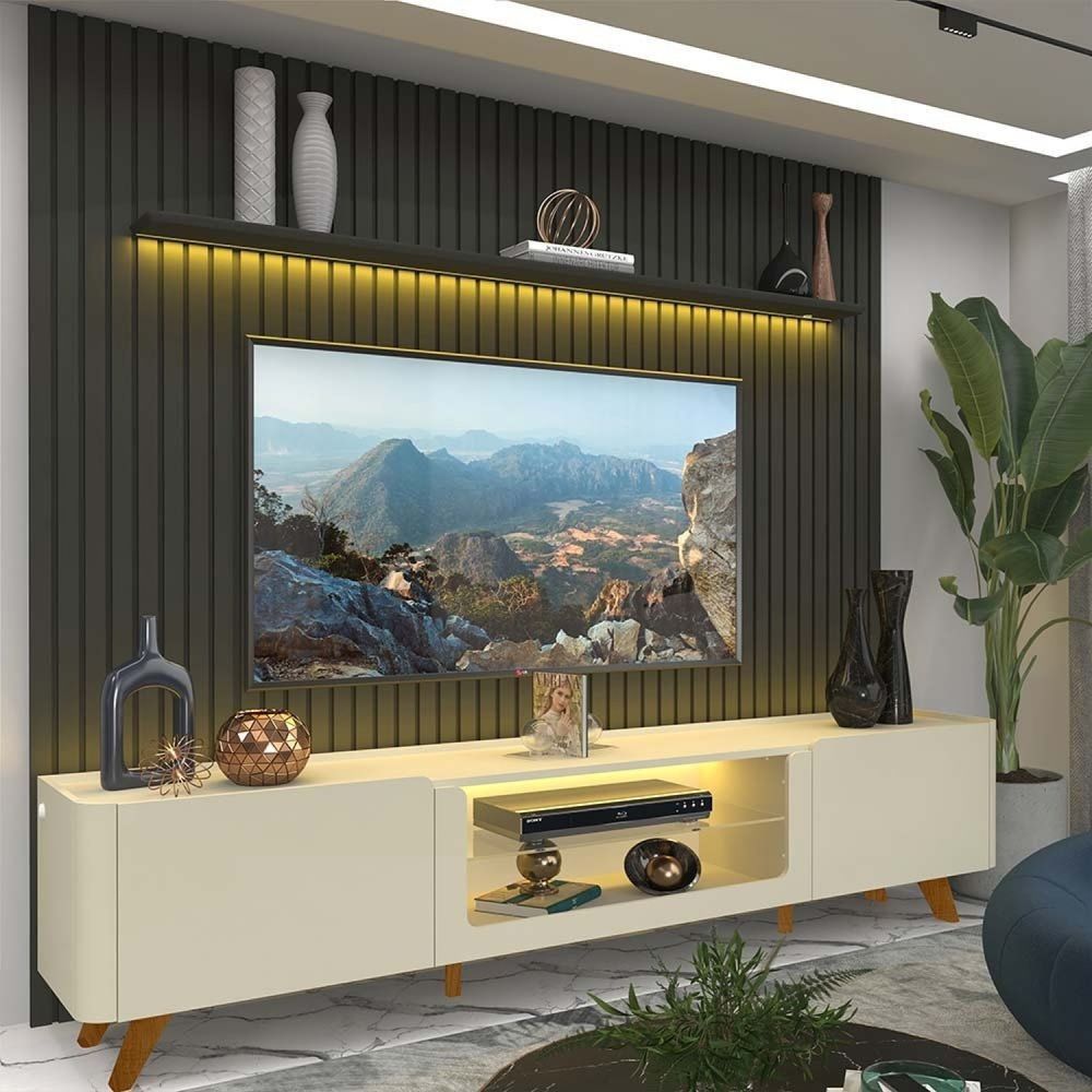 Rack Com Painel Ripado Para Tv Até 85 Polegadas Led Pés Madeira 230cm ...