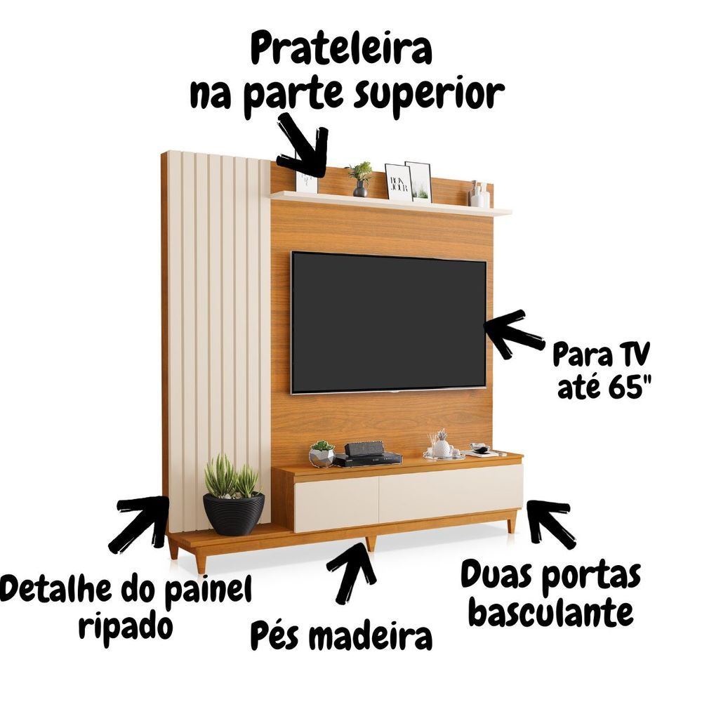 Painel Tv Sala Quarto 65 Polegadas Ripado Jakarta Mdf - WebContinental