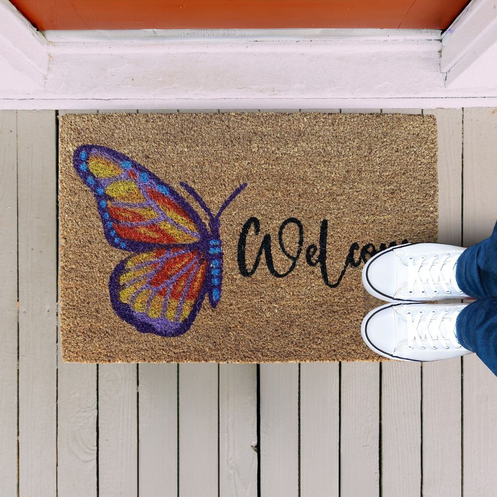 Capacho De Fibra De Coco Pvc Pintado Welcome Borboleta 40cm X 60cm Bege ...