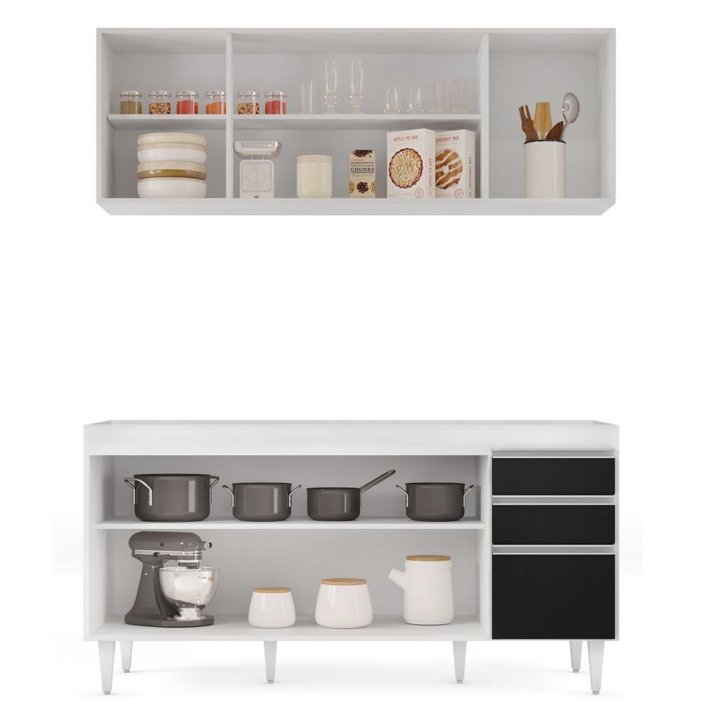 Armário Aéreo Nevada E Balcão Para Pia 160cm Arkansas Branco-preto - Lumil Móveis - WebContinental