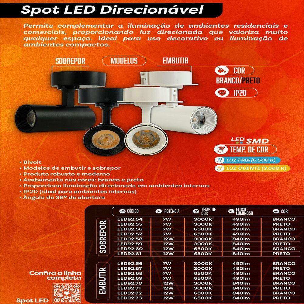 Spot Led Direcionável Embutir 12w Bc Bivolt 6500k Foxlux - WebContinental